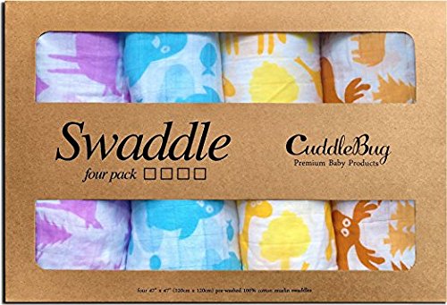 CuddleBug Muslin Baby Swaddle Blankets for Boys and Girls Size Large 4 x 4 Feet – Muslin Cotton 4 Pack (Colorful Critters)