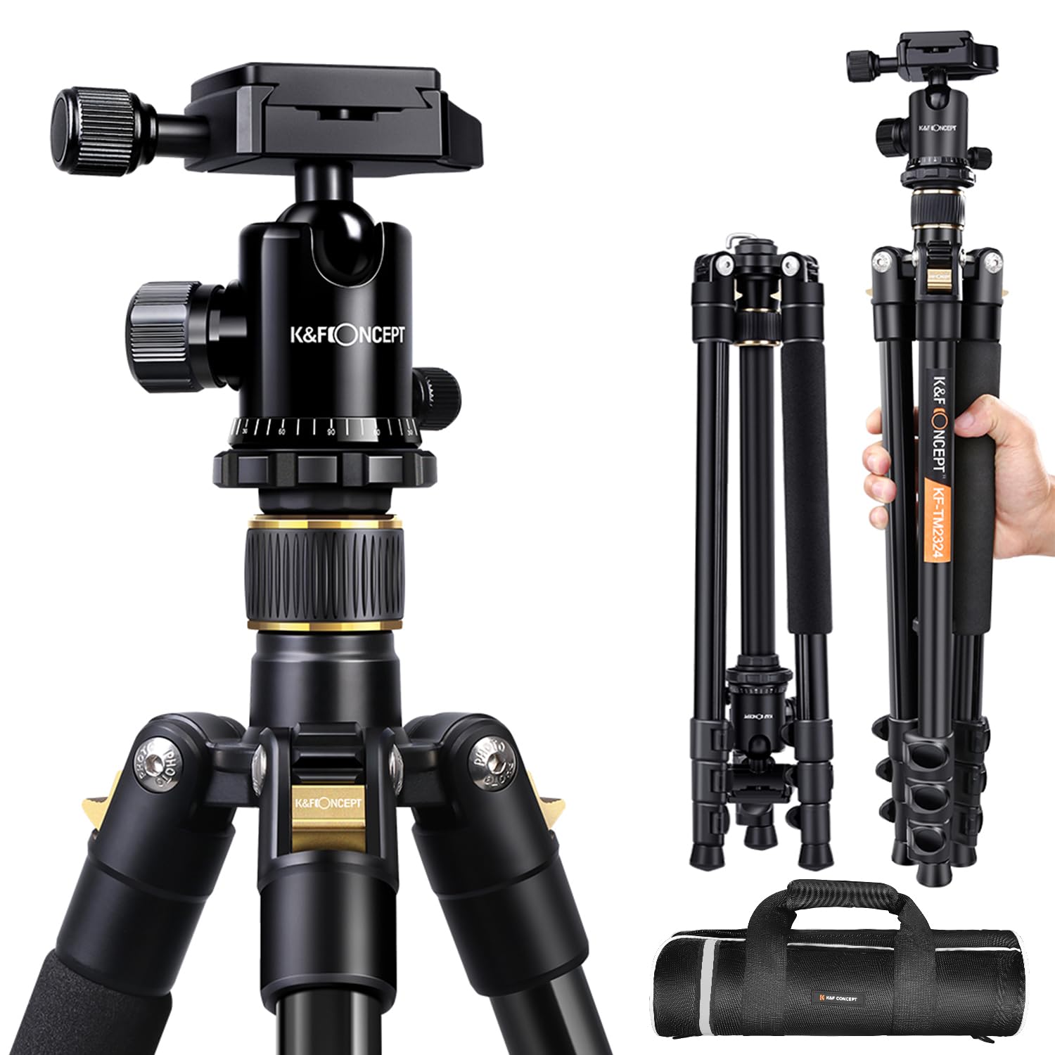 K&F Concept 64''/162cm DSLR Tripod,Lightweight and Compact Aluminum Camera Tripod with 360 Panorama Ball Head Quick Release Plate for Travel and Work B234A1+BH-28 (TM2324)