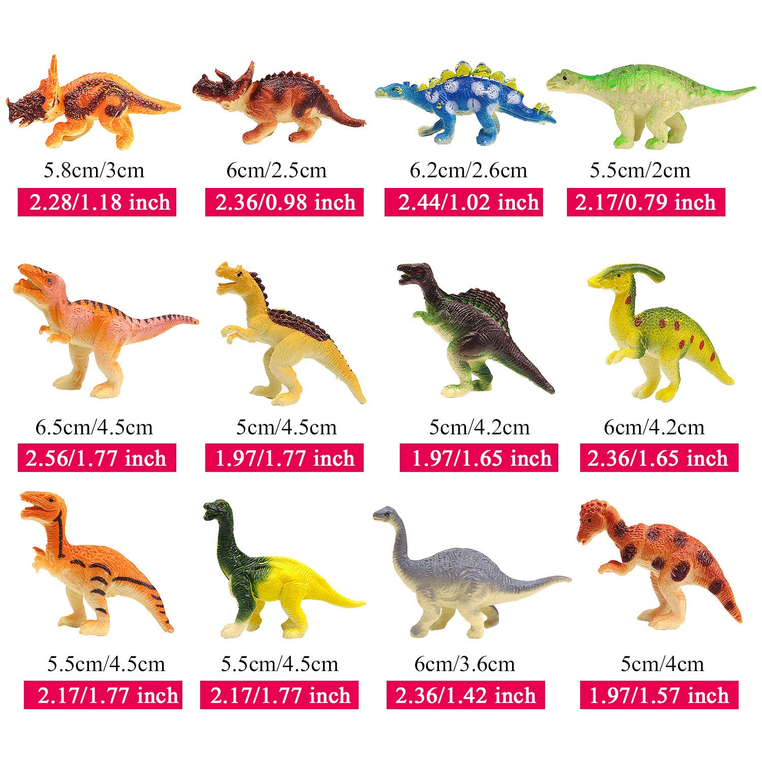 HAPTIME Plastic Assorted Mini Dinosaur Figures, Little Dinosaur Figurine, Small Dino Toy 1.5 inch - 3 inch, Great for Dino Cake Topper, Easter Eggs Filler, Pack of 12