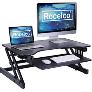 Rocelco 32" Height Adjustable Standing Desk Converter - Quick Sit Stand Up Dual Monitor Riser - Gas Spring Assist Tabletop Computer Workstation - Large Retractable Keyboard Tray - Black (R ADRB)