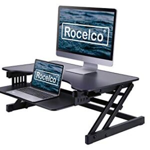 Rocelco 32" Height Adjustable Standing Desk Converter - Quick Sit Stand Up Dual Monitor Riser - Gas Spring Assist Tabletop Computer Workstation - Large Retractable Keyboard Tray - Black (R ADRB)