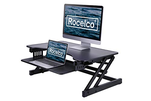 Rocelco 32" Height Adjustable Standing Desk Converter - Quick Sit Stand Up Dual Monitor Riser - Gas Spring Assist Tabletop Computer Workstation - Large Retractable Keyboard Tray - Black (R ADRB)