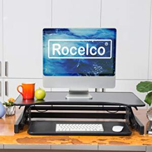 Rocelco 32" Height Adjustable Standing Desk Converter - Quick Sit Stand Up Dual Monitor Riser - Gas Spring Assist Tabletop Computer Workstation - Large Retractable Keyboard Tray - Black (R ADRB)