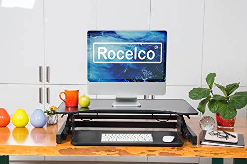 Rocelco 32" Height Adjustable Standing Desk Converter - Quick Sit Stand Up Dual Monitor Riser - Gas Spring Assist Tabletop Computer Workstation - Large Retractable Keyboard Tray - Black (R ADRB)