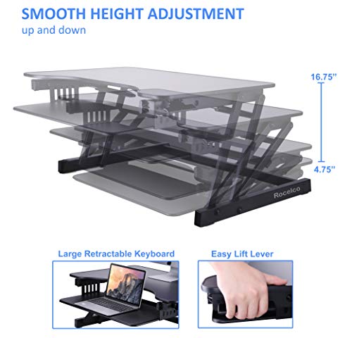 Rocelco 32" Height Adjustable Standing Desk Converter - Quick Sit Stand Up Dual Monitor Riser - Gas Spring Assist Tabletop Computer Workstation - Large Retractable Keyboard Tray - Black (R ADRB)