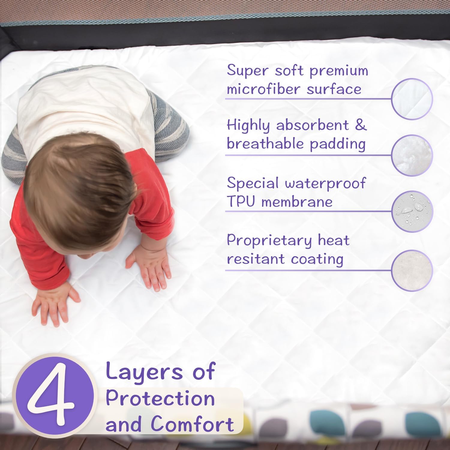 Pack N Play Mattress Protector Pad - Waterproof & Noiseless, Ultra-Soft Breathable Mattress Cover for Pack and Plays, Playards and Mini Cribs, Highly Absorbent Fitted and Dryer Safe