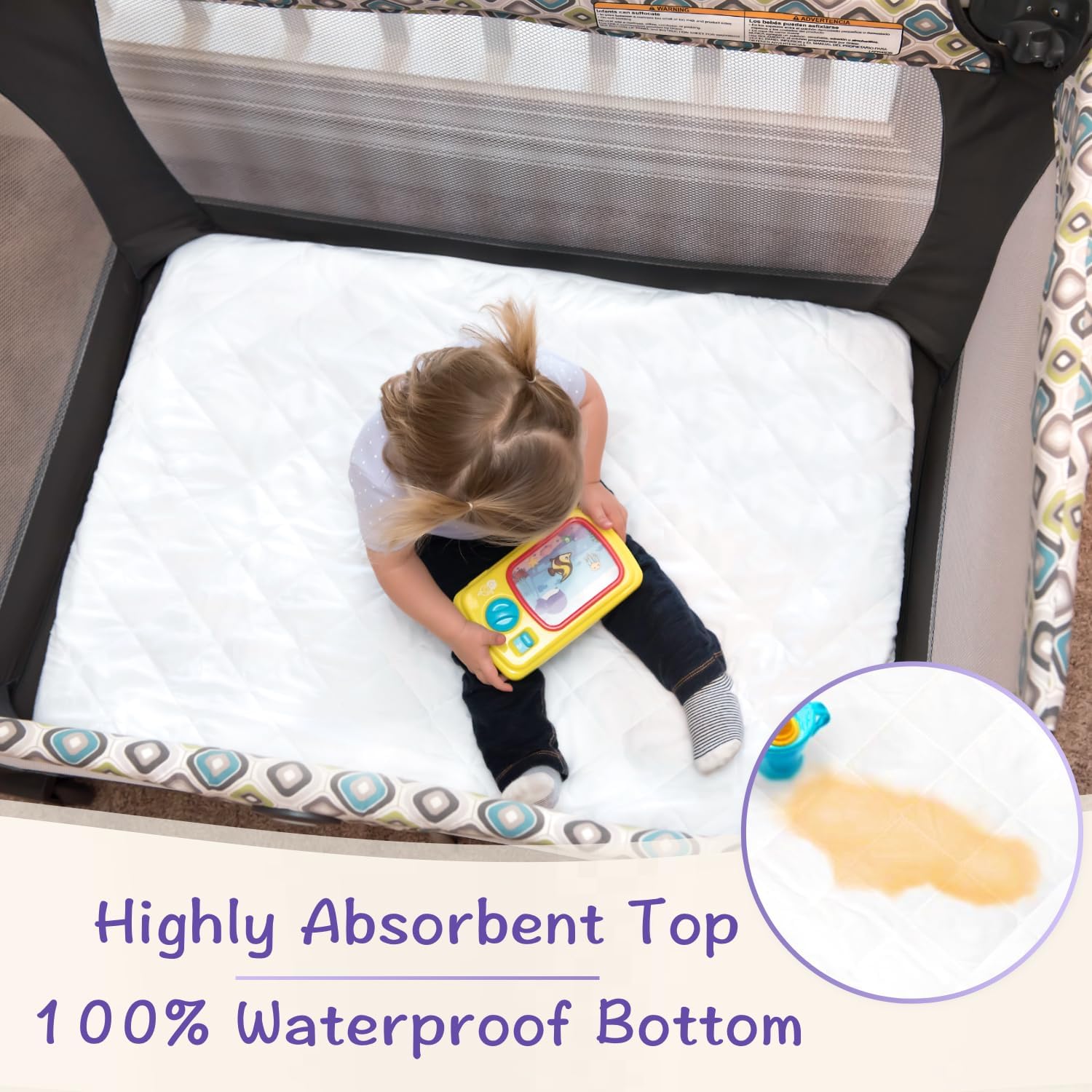 Pack N Play Mattress Protector Pad - Waterproof & Noiseless, Ultra-Soft Breathable Mattress Cover for Pack and Plays, Playards and Mini Cribs, Highly Absorbent Fitted and Dryer Safe