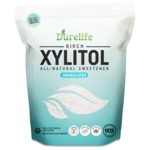 durelife xylitol sugar substitute 5 lb bulk (80 oz) made from 100% pure birch xylitol non gmo - gluten free - kosher, natural sugar alternative, packaged in a resealable zipper lock stand up pouch bag