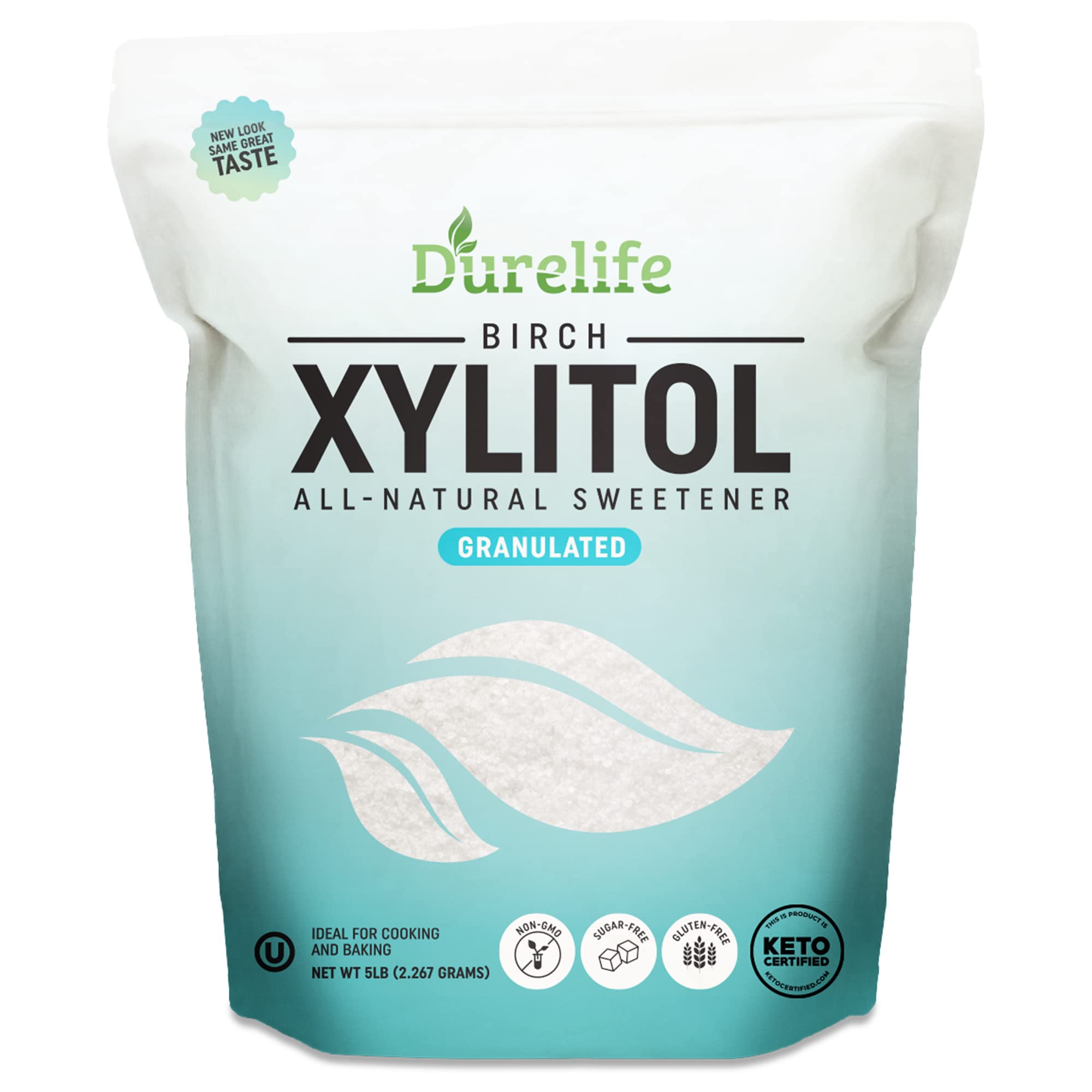 DureLife XYLITOL Sugar Substitute 5 LB Bulk (80 OZ) Made From 100% Pure Birch Xylitol NON GMO - Gluten Free - Kosher, Natural sugar alternative, Packaged In A Resealable zipper lock Stand Up Pouch Bag