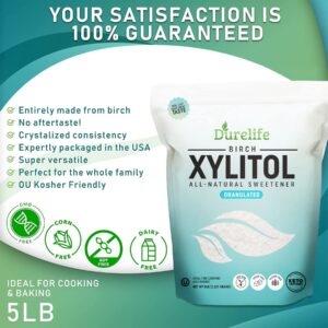 DureLife XYLITOL Sugar Substitute 5 LB Bulk (80 OZ) Made From 100% Pure Birch Xylitol NON GMO - Gluten Free - Kosher, Natural sugar alternative, Packaged In A Resealable zipper lock Stand Up Pouch Bag