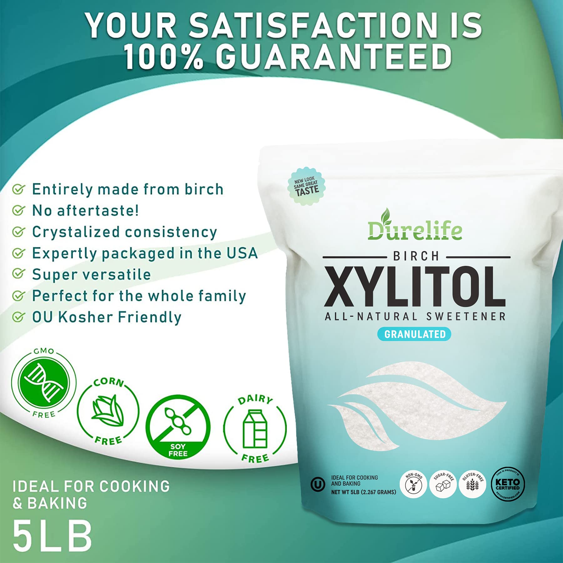 DureLife XYLITOL Sugar Substitute 5 LB Bulk (80 OZ) Made From 100% Pure Birch Xylitol NON GMO - Gluten Free - Kosher, Natural sugar alternative, Packaged In A Resealable zipper lock Stand Up Pouch Bag