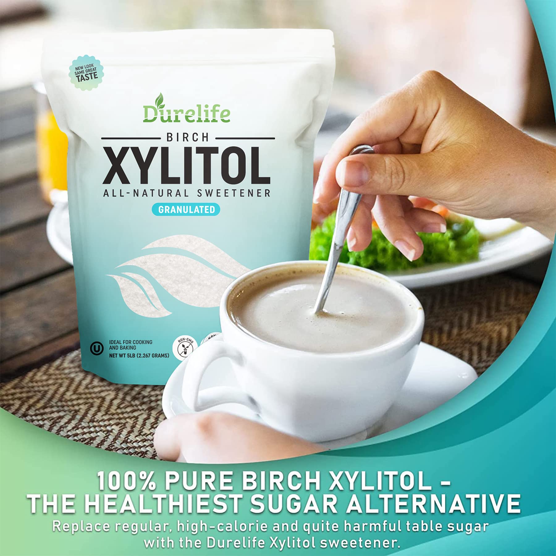 DureLife XYLITOL Sugar Substitute 5 LB Bulk (80 OZ) Made From 100% Pure Birch Xylitol NON GMO - Gluten Free - Kosher, Natural sugar alternative, Packaged In A Resealable zipper lock Stand Up Pouch Bag