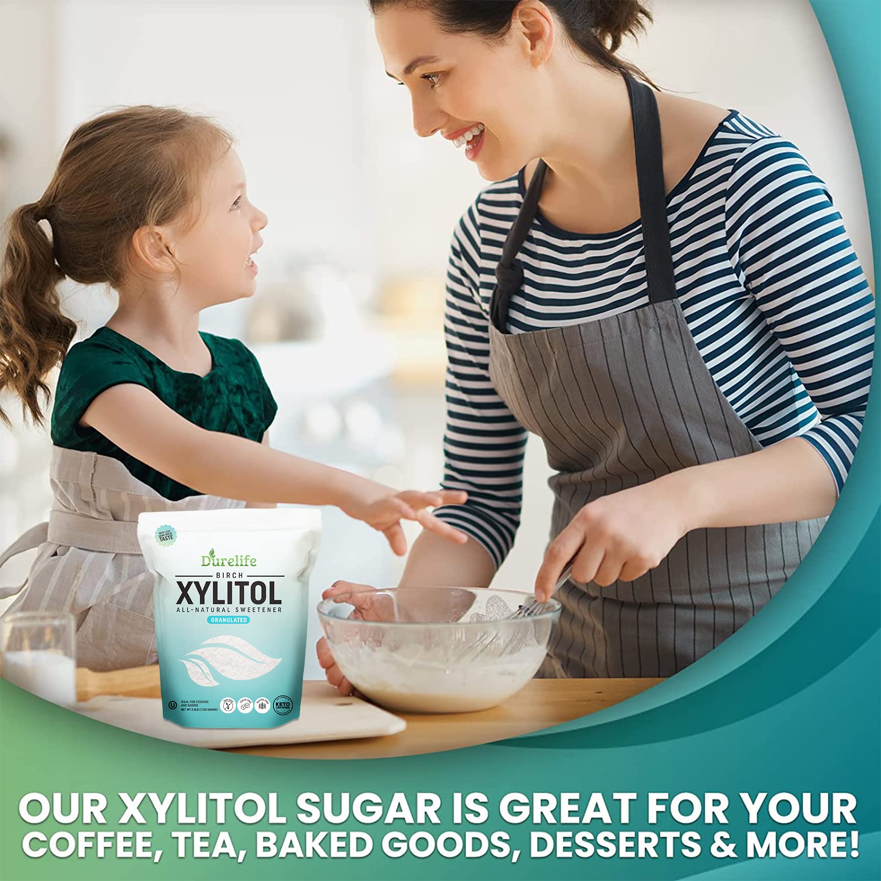 DureLife XYLITOL Sugar Substitute 5 LB Bulk (80 OZ) Made From 100% Pure Birch Xylitol NON GMO - Gluten Free - Kosher, Natural sugar alternative, Packaged In A Resealable zipper lock Stand Up Pouch Bag