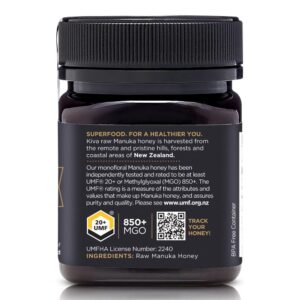 Kiva Raw Manuka Honey UMF 20+ | MGO 850+ | 100% Pure New Zealand Honey (8.8oz/250g BPA-Free Jar) | UMF and MGO Certified | GMO-Free | No Antibiotics | Traceable