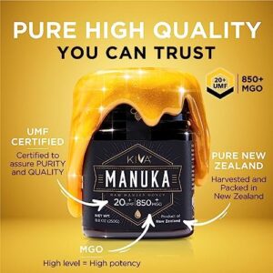 Kiva Raw Manuka Honey UMF 20+ | MGO 850+ | 100% Pure New Zealand Honey (8.8oz/250g BPA-Free Jar) | UMF and MGO Certified | GMO-Free | No Antibiotics | Traceable