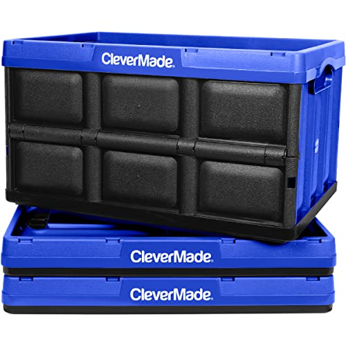 CleverMade Collapsible Storage Bin, Royal Blue, 3PK - 62L (16 Gal) Stackable Storage Containers, Holds 100lbs Per Bin - Plastic Storage Bins for Organizing, Closet Storage, Garage Storage