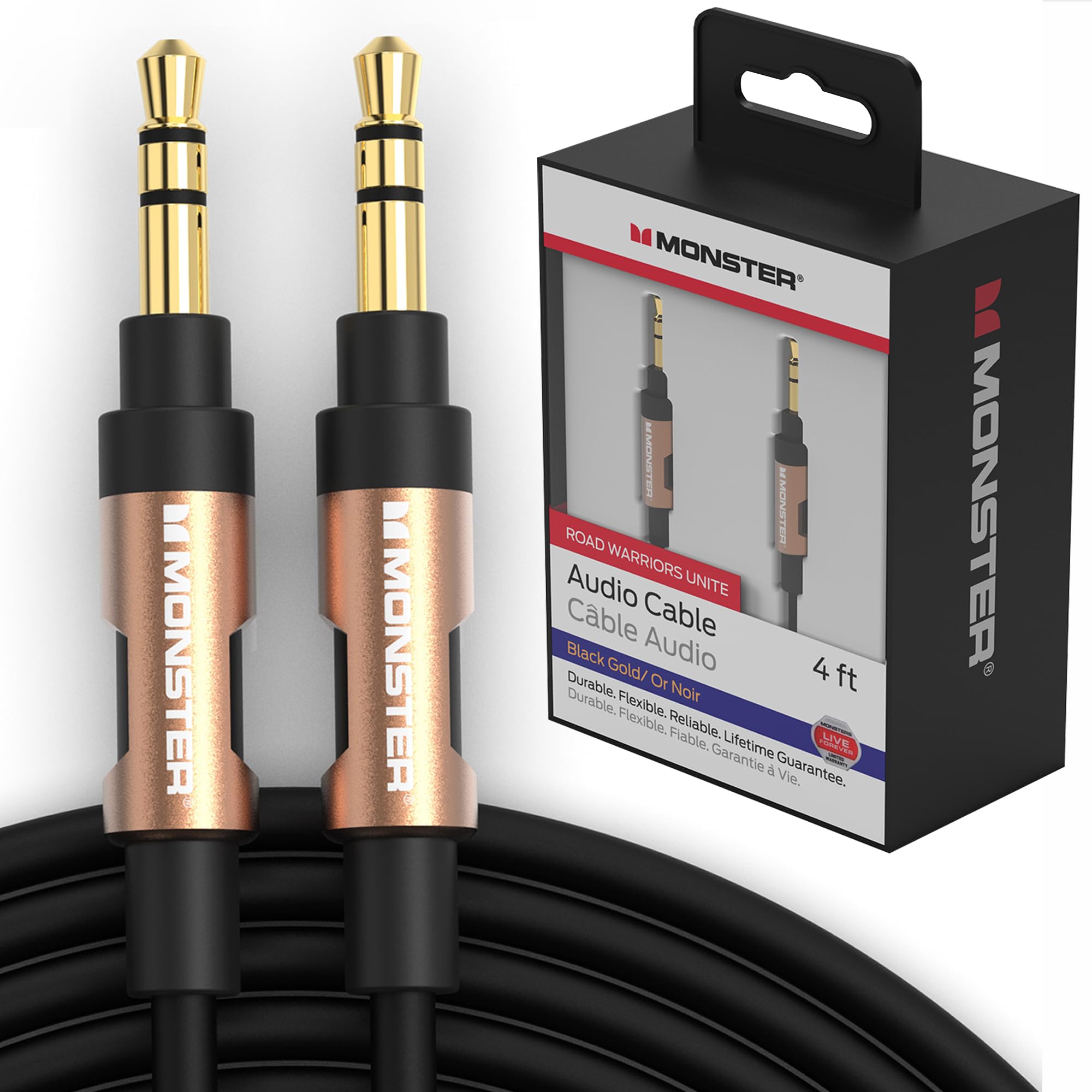 Monster Male to Male Aux Cord Premium 3.5mm Audio Cable - Auxiliary Cord for Car, Headphone Cable, Audio Jack, iPod Cable, and Stereo Cable, 4FT