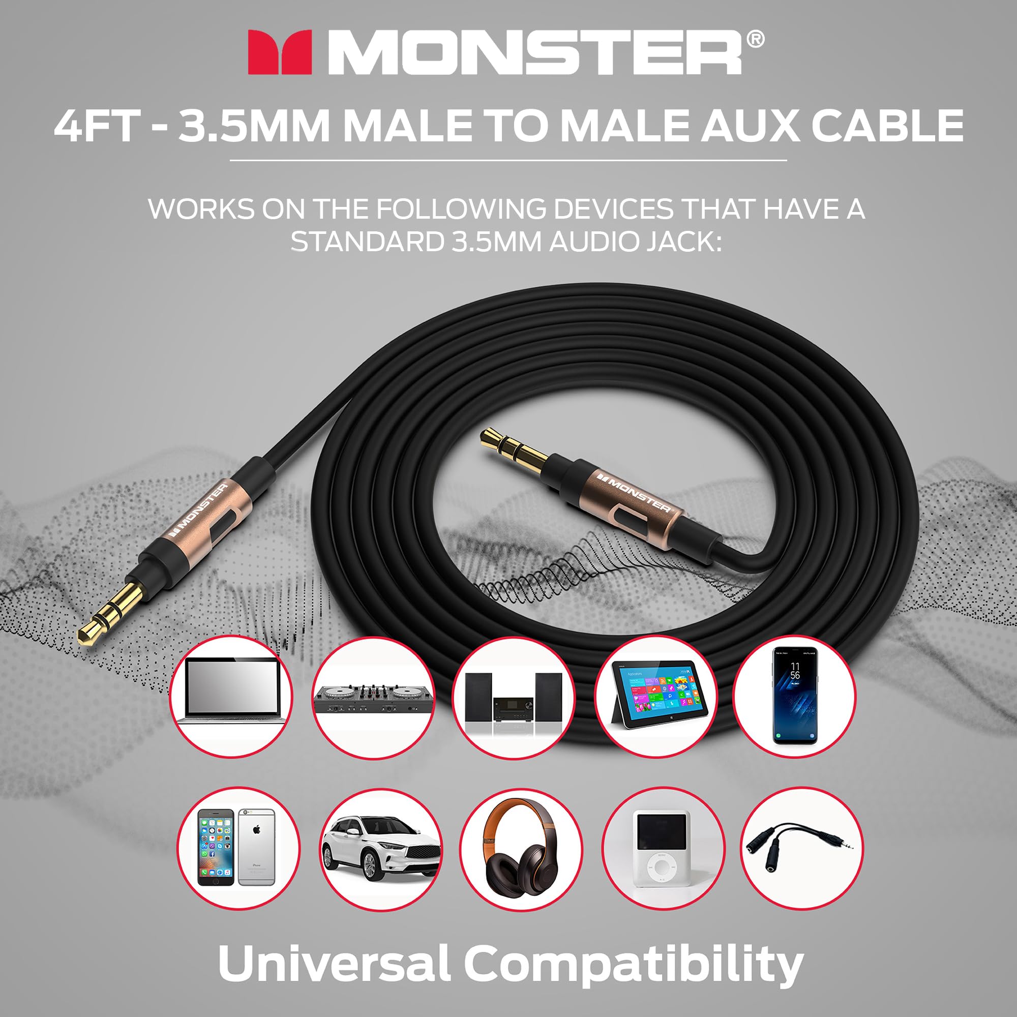 Monster Male to Male Aux Cord Premium 3.5mm Audio Cable - Auxiliary Cord for Car, Headphone Cable, Audio Jack, iPod Cable, and Stereo Cable, 4FT