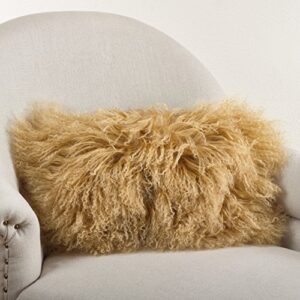 SARO LIFESTYLE 100% Wool Mongolian Lamb Fur Throw Pillow with Poly Filling, 12" x 20", Gold