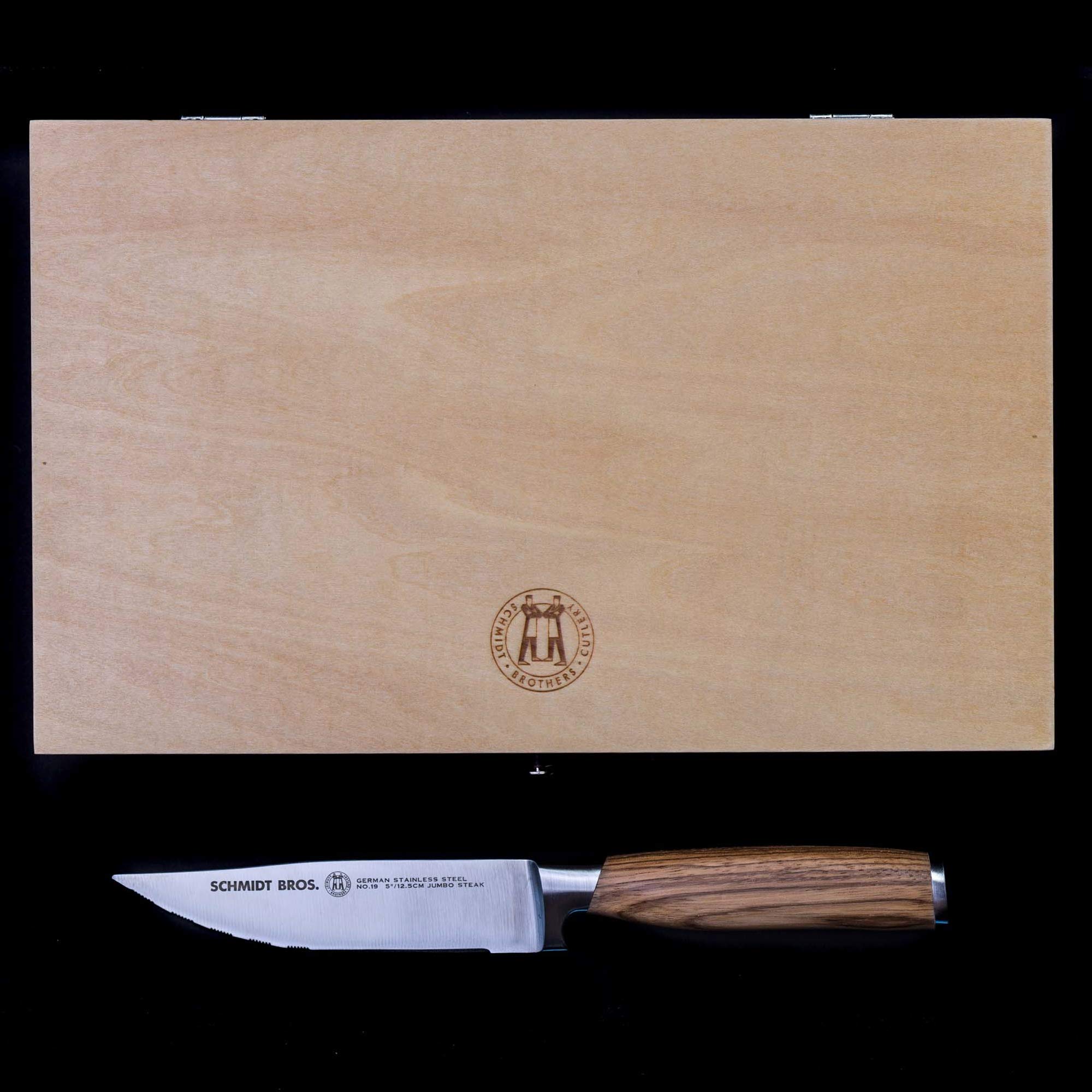 Schmidt Brothers - Zebra Wood 4-Piece Jumbo Steak Knife Set, High-Carbon German Stainless Steel Cutlery in a Wood Gift Box