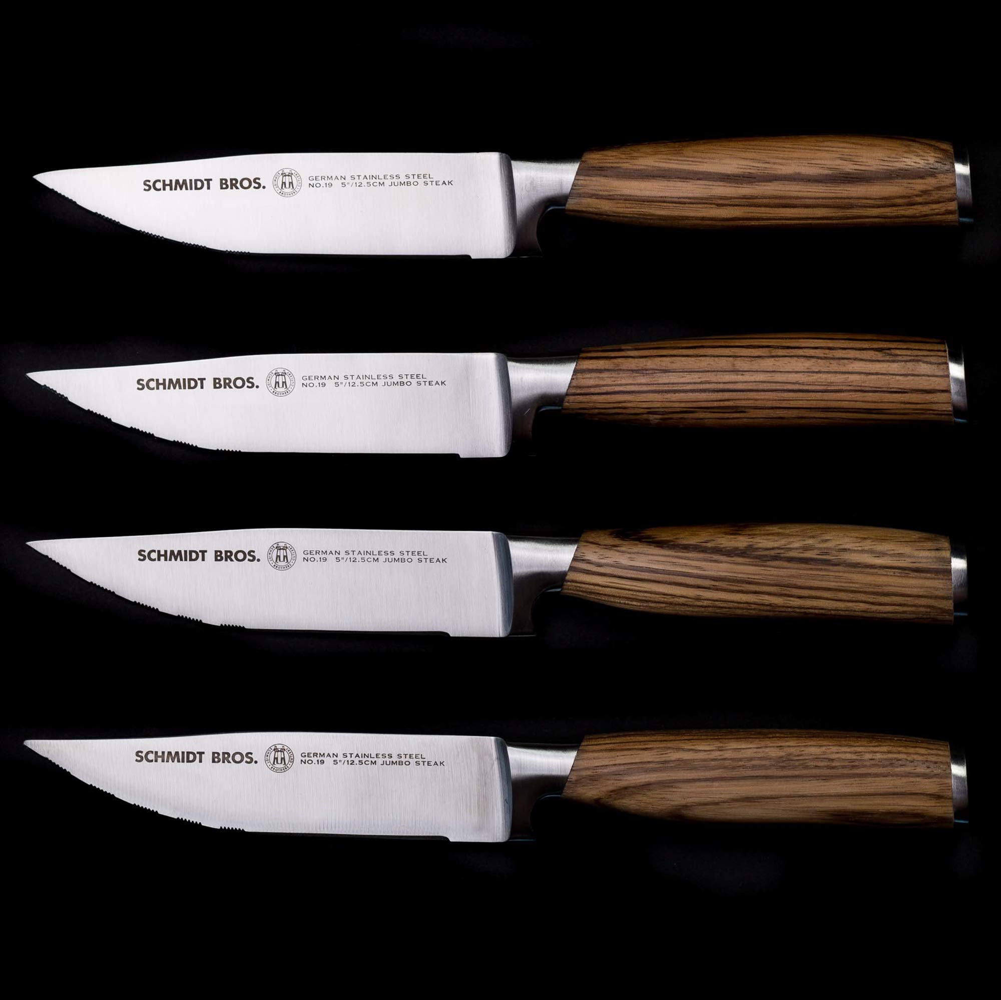 Schmidt Brothers - Zebra Wood 4-Piece Jumbo Steak Knife Set, High-Carbon German Stainless Steel Cutlery in a Wood Gift Box