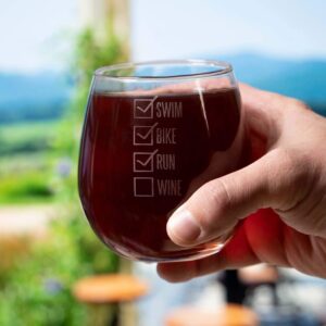 Triathlon Stemless Wine Glass Swim Bike Run Checklist