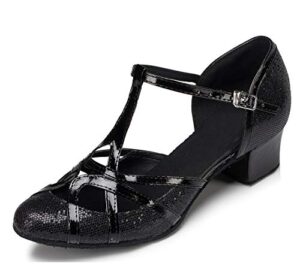 minishion women's t-strap dance heels black/3.5cm heel glitter salsa ballroom shoes us 10