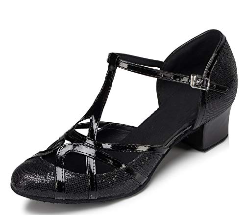 Minishion Women's T-strap Dance Heels Black/3.5cm Heel Glitter Salsa Ballroom Shoes US 10