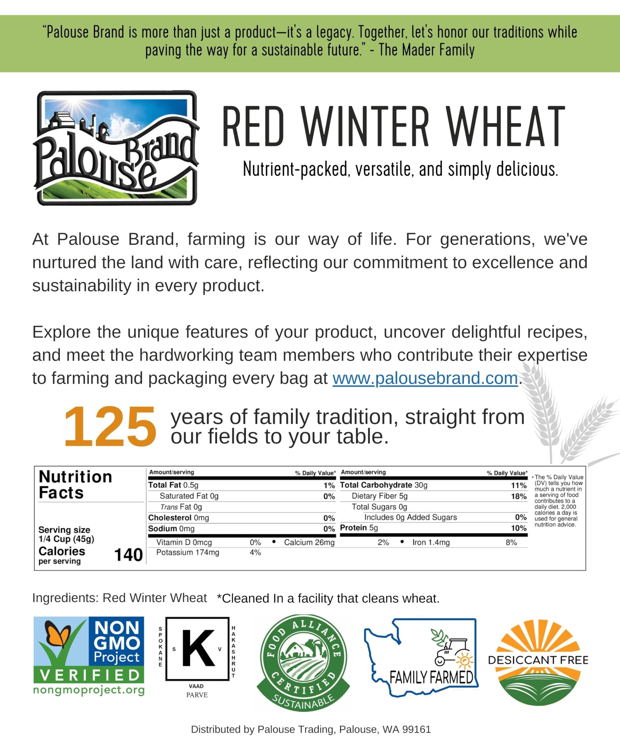 Hard Red Winter Wheat Berries | 5 LBS | Family Farmed in Washington State | Non-GMO Project Verified | 100% Non-Irradiated | Certified Kosher Parve | Field Traced | Burlap Bag