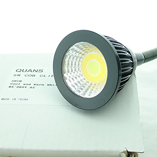 QUANS 5W 3 Colors LED COB Clip on Light Black 19.68 INCH 50 CM Tube Desk Flexible Table Bed Lamp Work Home Design Lighting 110V 220V 85-265VAC with US Plug Switch on Off 500LM (Black)