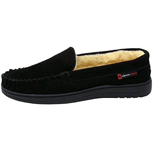 Alpine Swiss Yukon Mens Suede Shearling Slip On Moccasin Slippers Black 7 M US