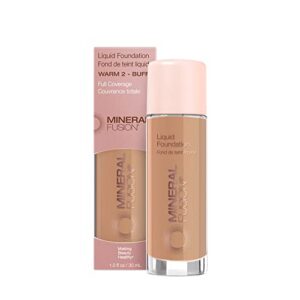 mineral fusion full coverage foundation, liquid foundation - warm 2- medium complexion w/golden undertones, lightweight matte finish, up to 12 hr hydration, hypoallergenic & vegan, 1 fl. oz