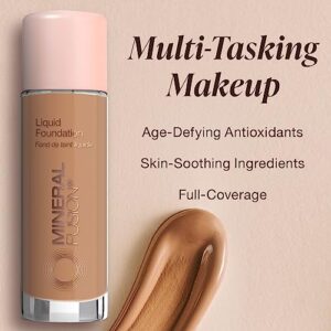 Mineral Fusion Full Coverage Foundation, Liquid Foundation - Warm 2- Medium Complexion w/Golden Undertones, Lightweight Matte Finish, Up to 12 Hr Hydration, Hypoallergenic & Vegan, 1 fl. oz