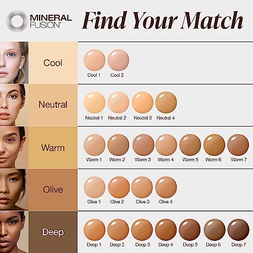 Mineral Fusion Full Coverage Foundation, Liquid Foundation - Warm 2- Medium Complexion w/Golden Undertones, Lightweight Matte Finish, Up to 12 Hr Hydration, Hypoallergenic & Vegan, 1 fl. oz