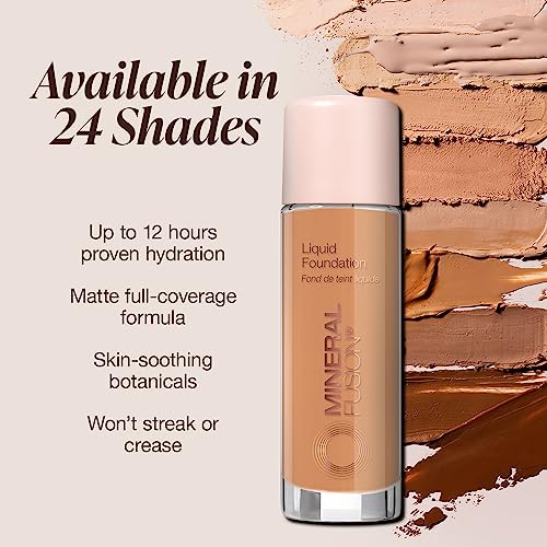 Mineral Fusion Full Coverage Foundation, Liquid Foundation - Warm 2- Medium Complexion w/Golden Undertones, Lightweight Matte Finish, Up to 12 Hr Hydration, Hypoallergenic & Vegan, 1 fl. oz