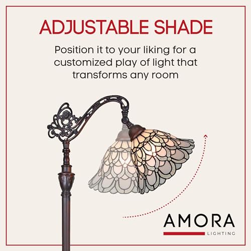 Amora Tiffany Floor Lamp Torchiere - Arched Style Peacock Floor Lamp - 62” Tall Peacock Floor Stained Glass Lamp - Tiffany Floor Lamps for Living Room