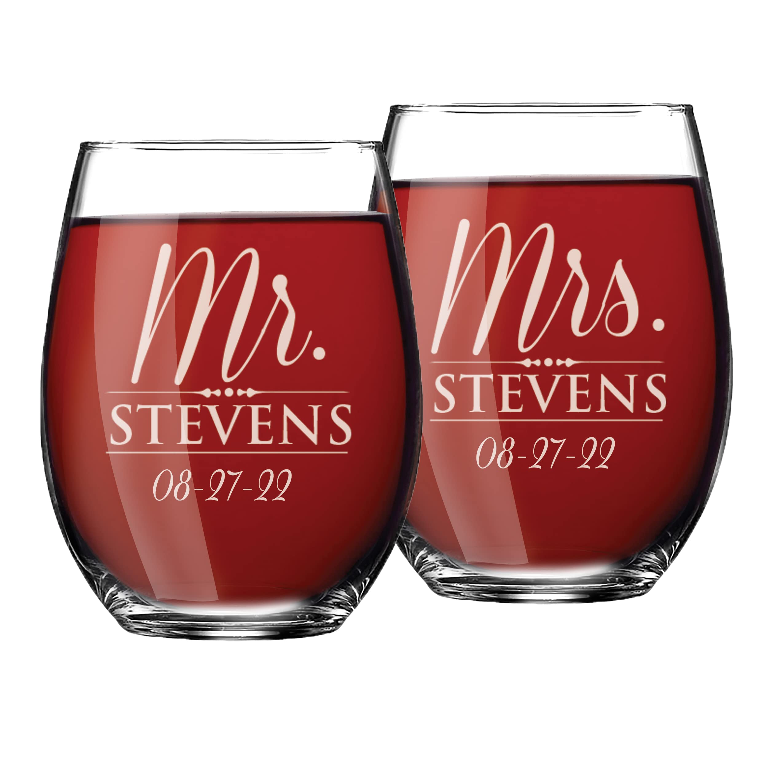 Set of 2 Mr and Mrs Personalized Stemless Wine Glasses - Engraved Custom Monogrammed Glassware Gifts