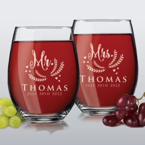 Set of 2 Mr and Mrs Personalized Stemless Wine Glasses - Engraved Custom Monogrammed Glassware Gifts