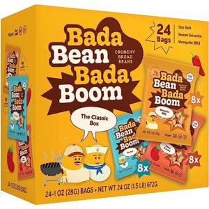 bada bean bada boom plant-based protein, gluten free, vegan, crunchy roasted broad (fava) bean snacks, 110 calorie packs, the classic box variety pack, 1 ounce (pack of 24)