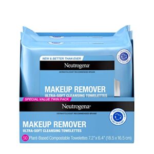 neutrogena makeup remover cleansing face wipes, daily cleansing facial towelettes to remove waterproof makeup and mascara, alcohol-free, value twin pack, 25 count, 2 pack