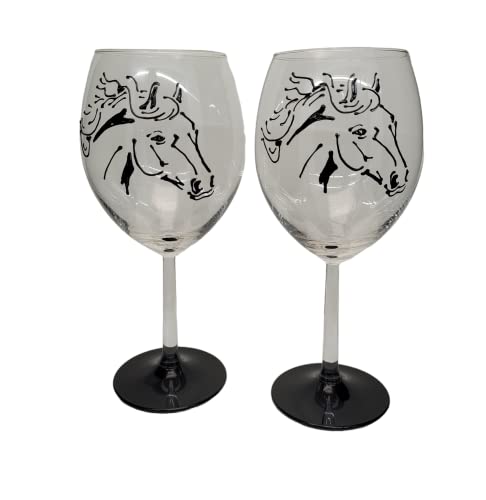 Black Stallion Horse Hand Painted Wine Glasses Set of 2