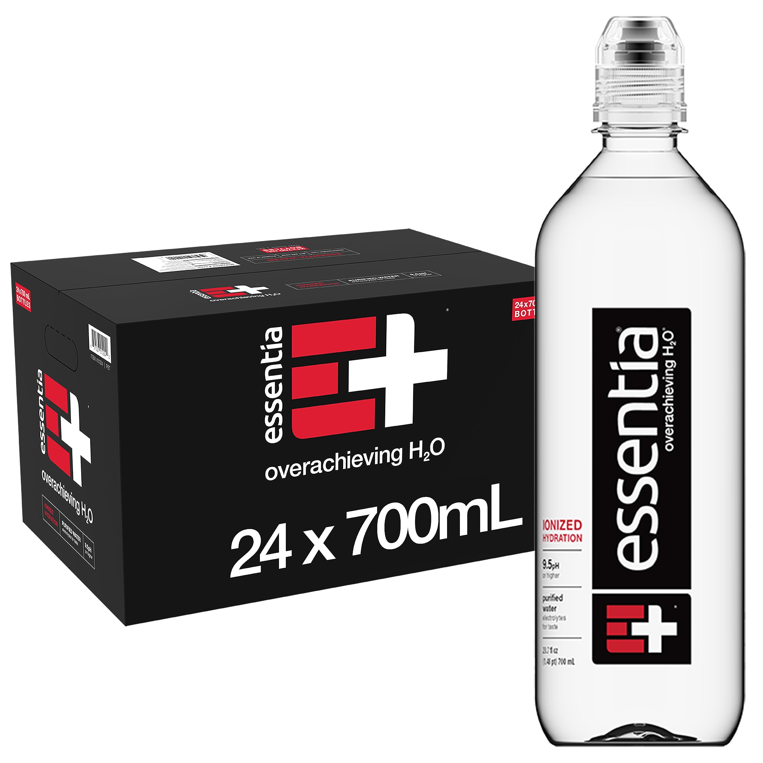 Essentia Bottled Water, Ionized Alkaline Water; 99.9% Pure, Infused with Electrolytes, 9.5 pH or Higher with a Clean, Smooth Taste, 23.67 Fl Oz (Pack of 24)