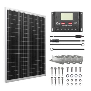 hqst 100w polycrystalline solar panel kit-100w poly panel+30a pwm lcd charge controller+1 set mounting z bracket+20ft 12awg pv cable+8ft 10awg tray cable for car rv marine boat trailer off grid system