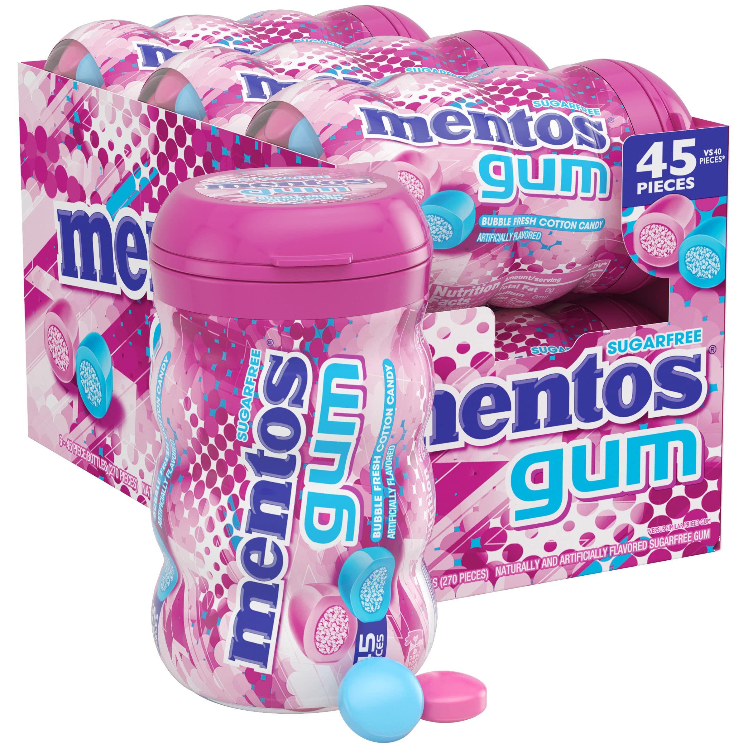 Mentos Sugar-Free Chewing Gum with Xylitol, Bubble Fresh Cotton Candy, 45 Count (Pack of 6)