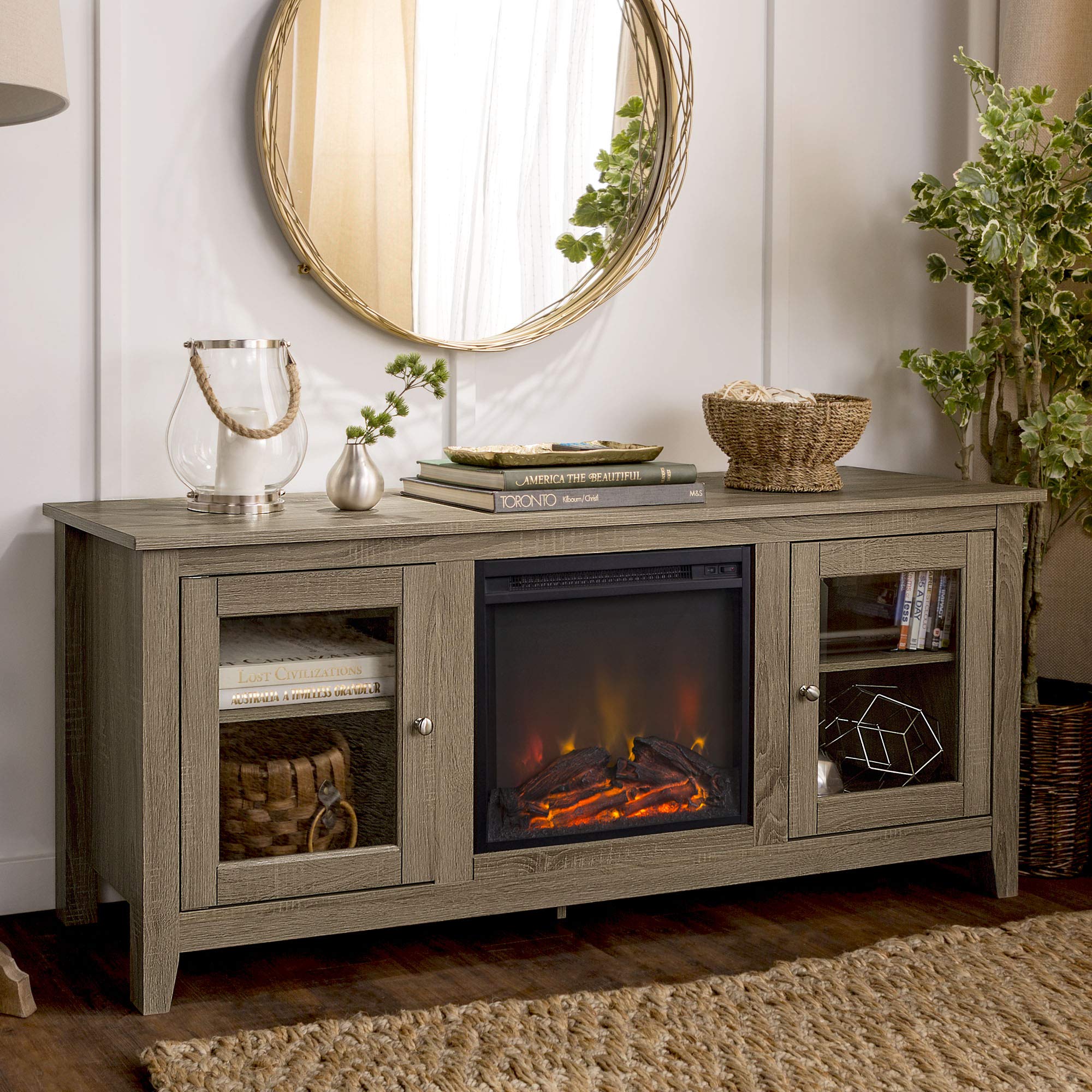 Home Accent Furnishings Lucas 58 Inch Fireplace Tv Stand with Glass Doors in Driftwood