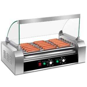 giantex hot dog roller machine, 7 non-stick rollers 18 hot dog sausage grill cooker machine with removable stainless steel drip tray and glass hood cover, commercial household hot dog rotisserie