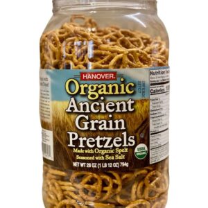 Hanover Organic Ancient Grain Spelt Sea Salt Pretzels Low Fat Cholesterol Trans Fat Free Party Snacks Resealable Container 28 oz Barrel