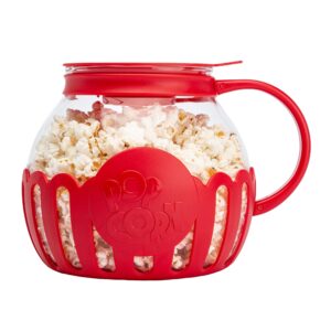 ecolution patented micro-pop microwave popcorn popper with temperature safe glass, 3-in-1 lid measures kernels and melts butter, made without bpa, dishwasher safe, 3-quart, red