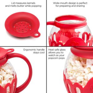 Ecolution Patented Micro-Pop Microwave Popcorn Popper with Temperature Safe Glass, 3-in-1 Lid Measures Kernels and Melts Butter, Made Without BPA, Dishwasher Safe, 3-Quart, Red