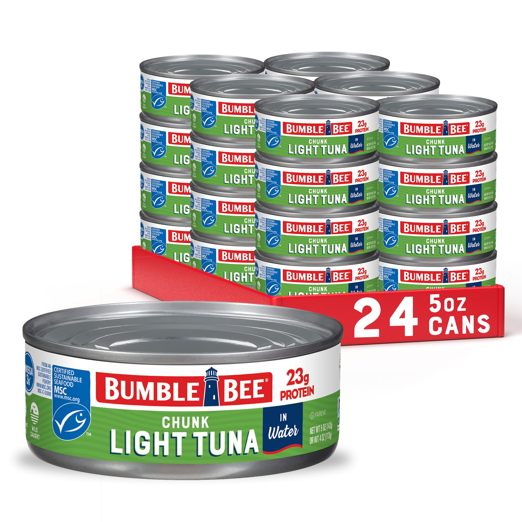 Bumble Bee Chunk Light Tuna In Water, 5 oz Cans (Pack of 24) - Wild Caught - 22g Protein Per Serving - Non-GMO Project Verified, Gluten Free, Kosher - Great For Tuna Salad & Recipes